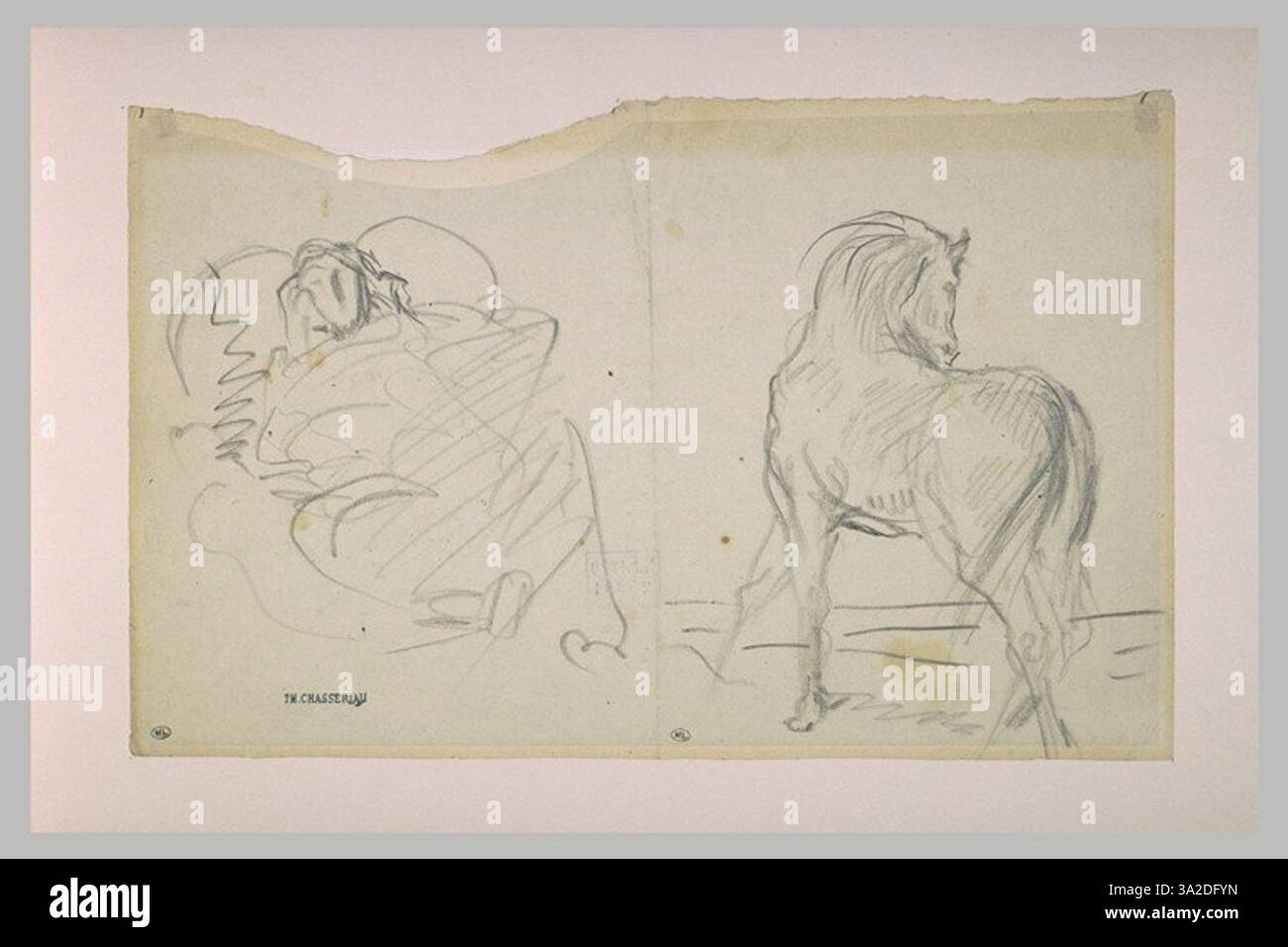 This piece shows a man lying down next to a horse, viewed from behind ...