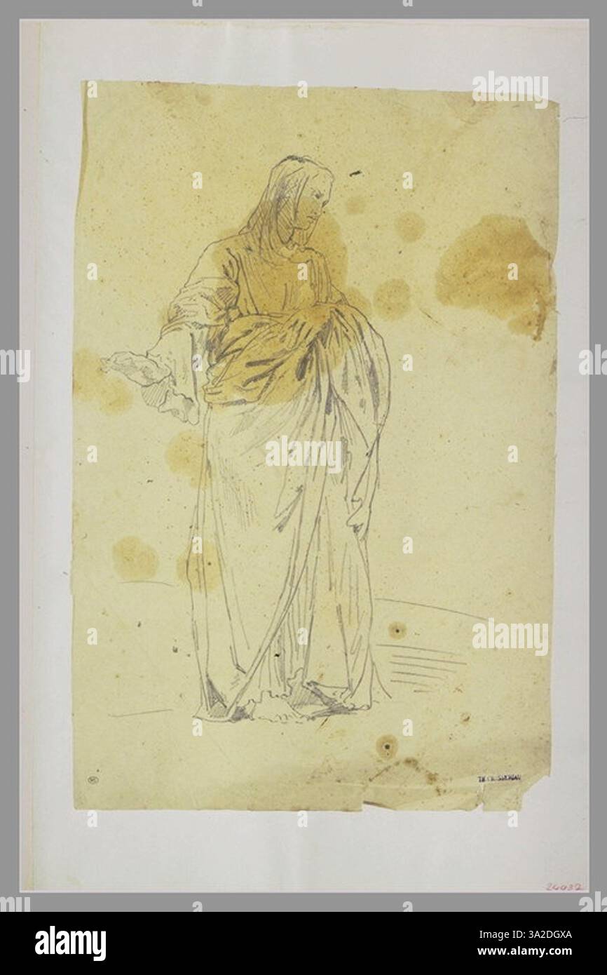 This study depicts a woman draped in fabric with her right hand ...