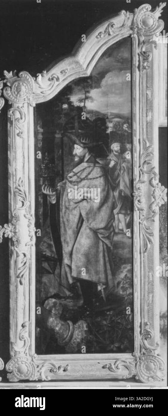 This right wing of an altarpiece by Cornelis van Cleve shows the second King offering his gift ...