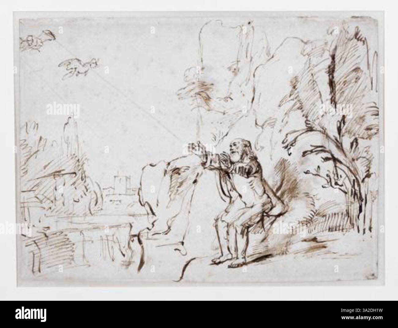 This biblical scene depicts the prophet Elijah being fed by ravens, a ...