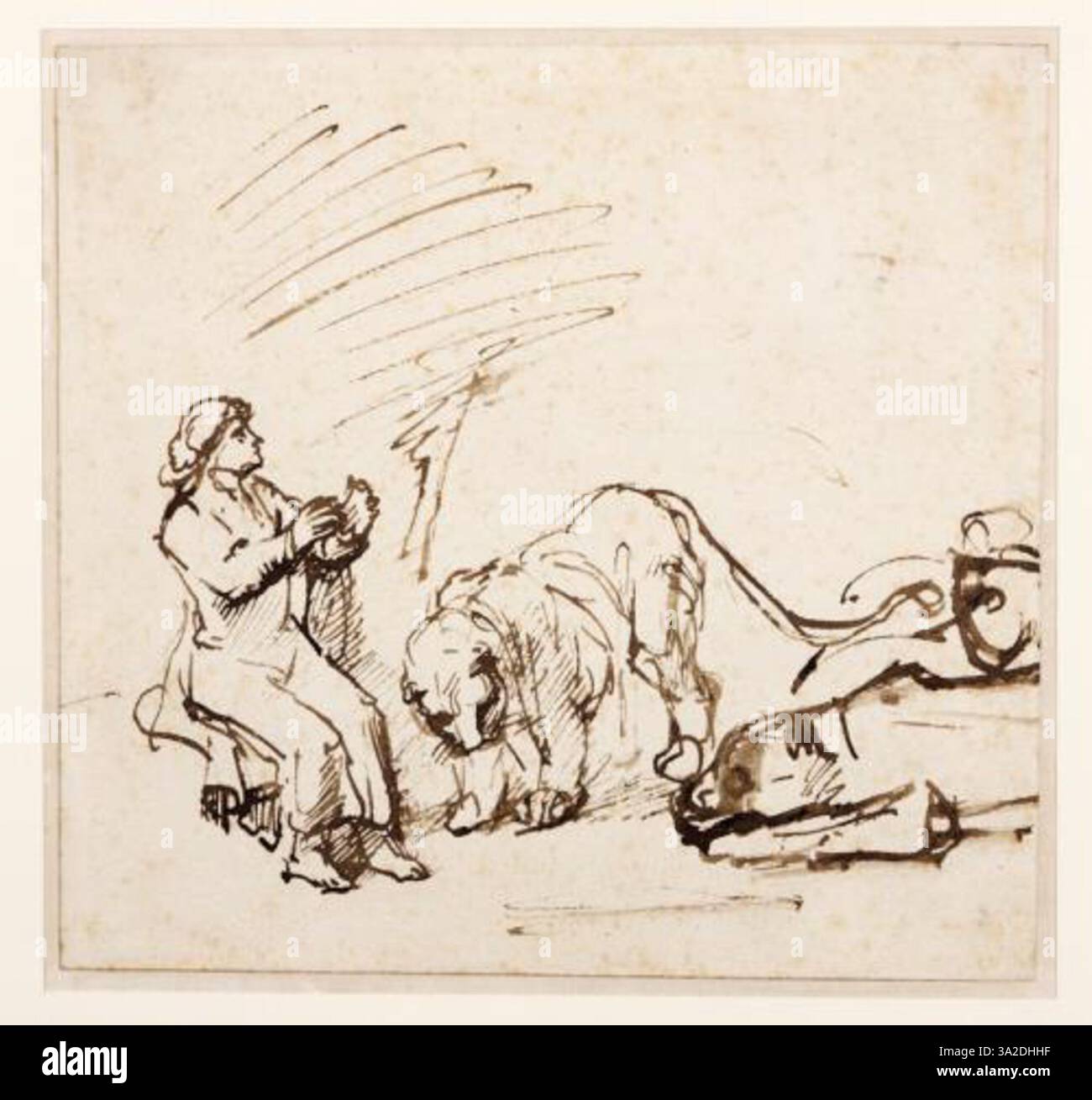 This image portrays the biblical story of Daniel in the lion’s den ...