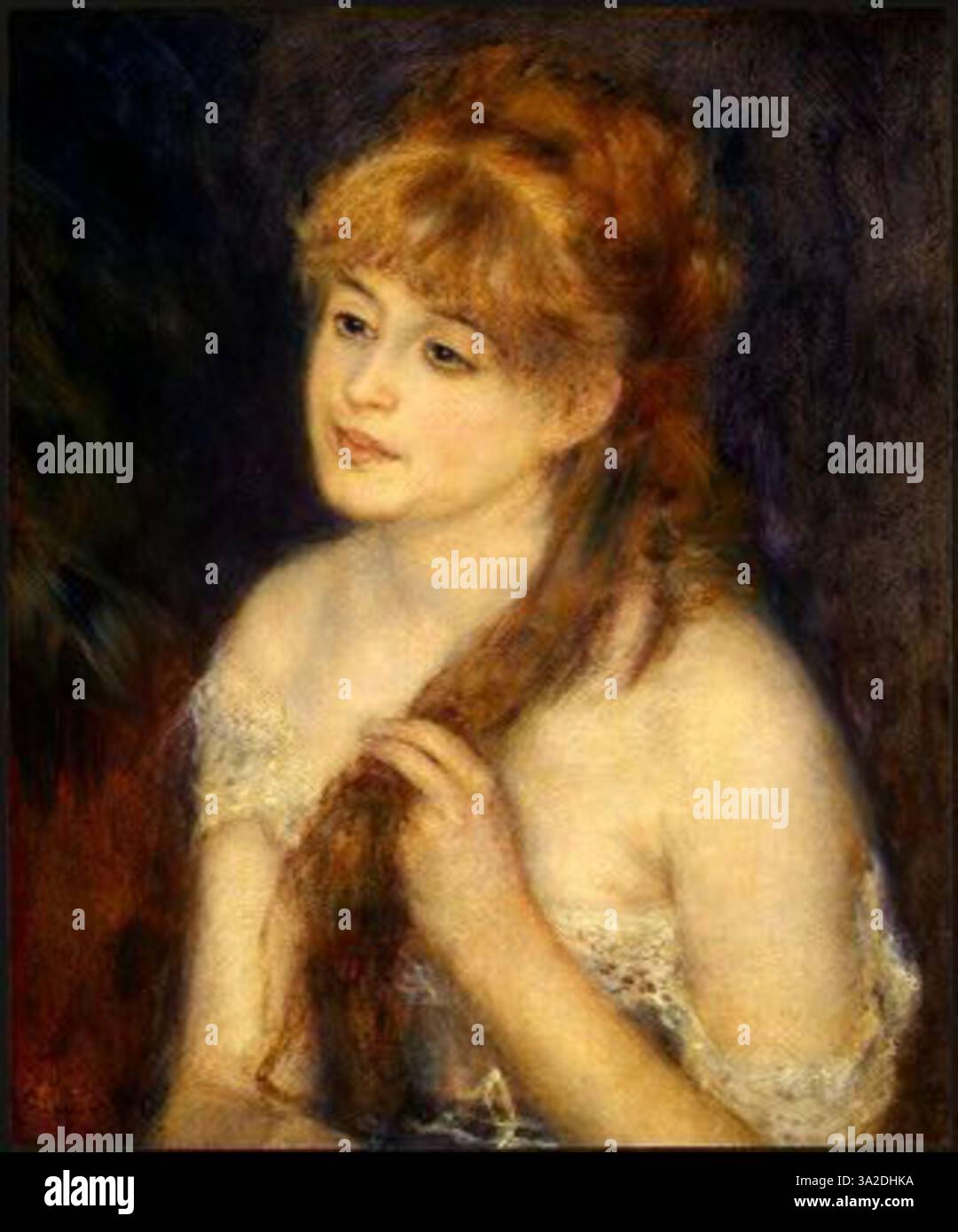 Renoir’s portrait shows a young woman arranging her hair. The soft ...