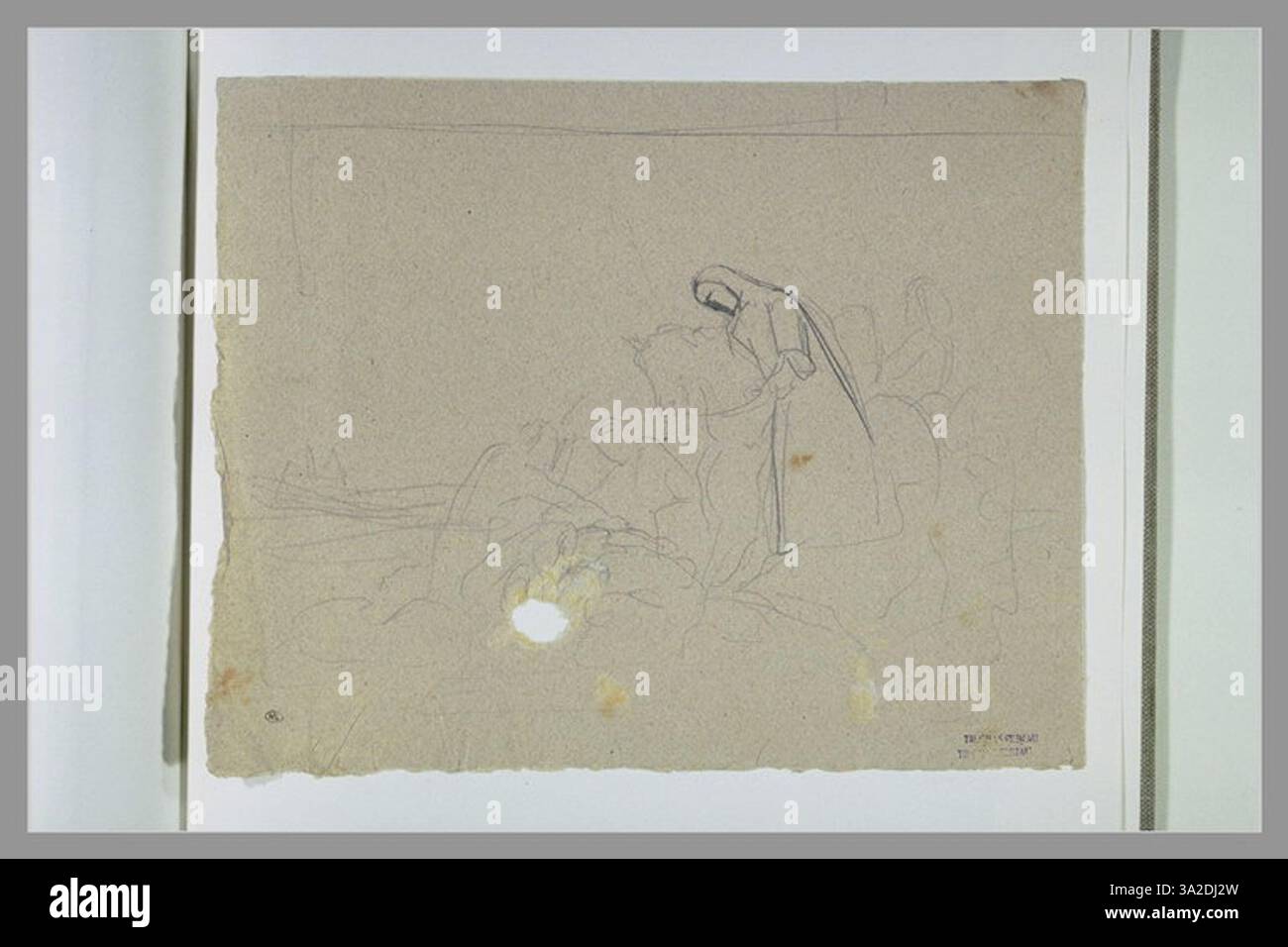 This artwork portrays a group of men and riders gathered around a ...