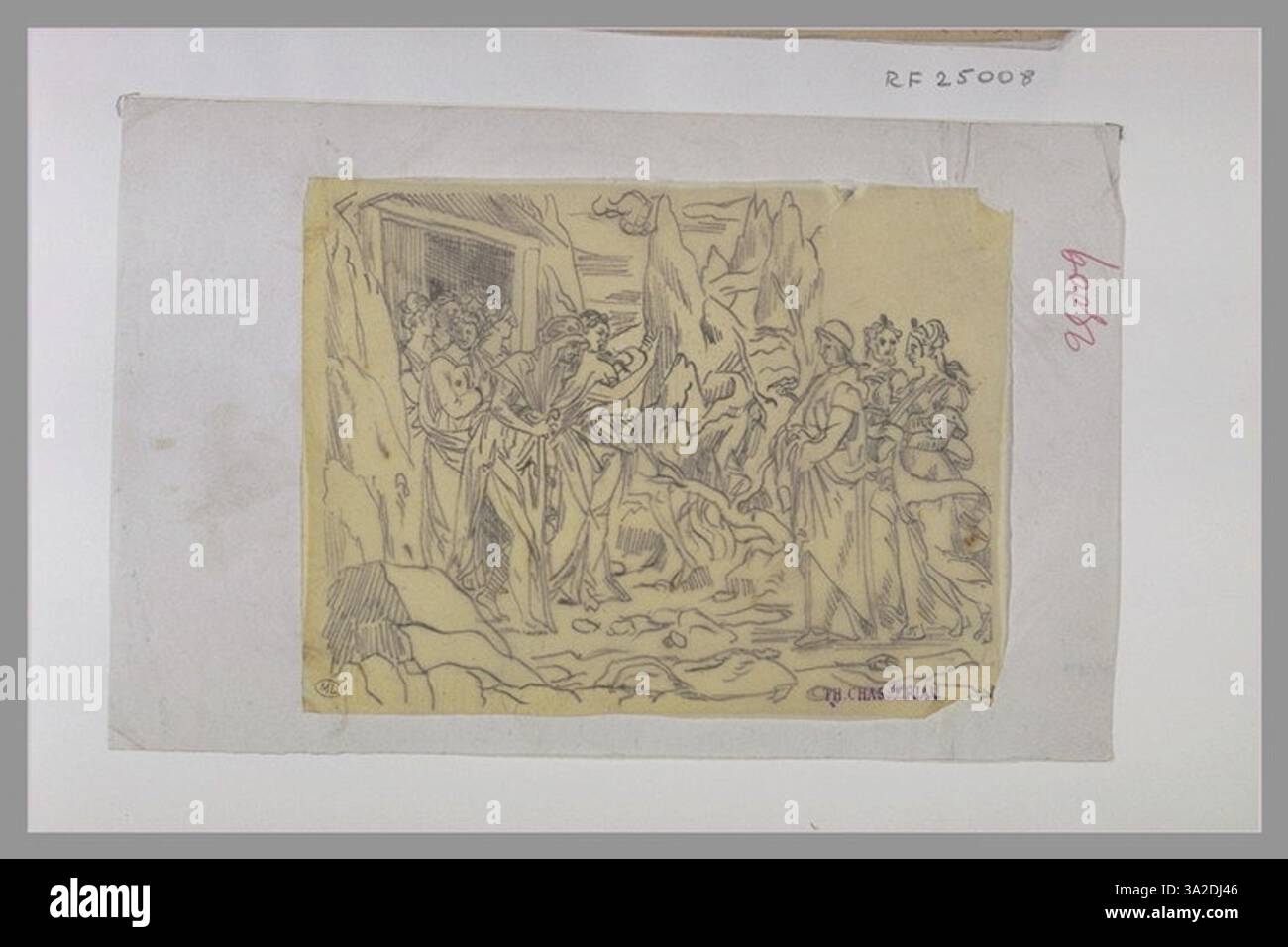 This drawing shows a procession emerging from a rock opening towards ...