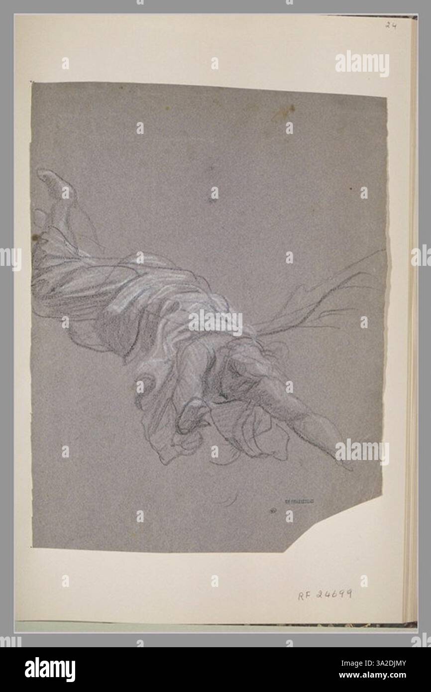 This study depicts an angel flying in a diving motion, with arms ...