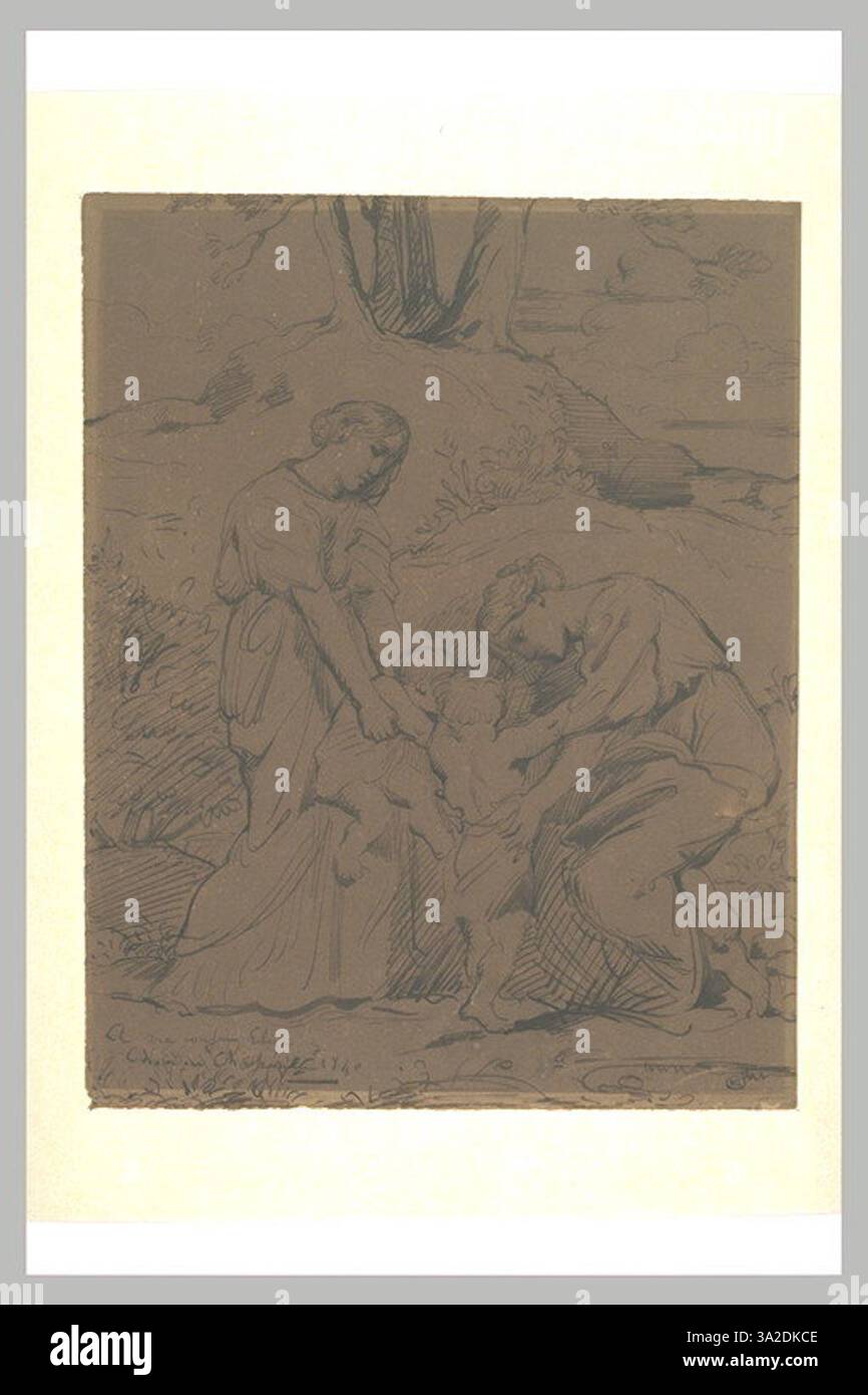 This artwork depicts two women and their children in a landscape. The ...