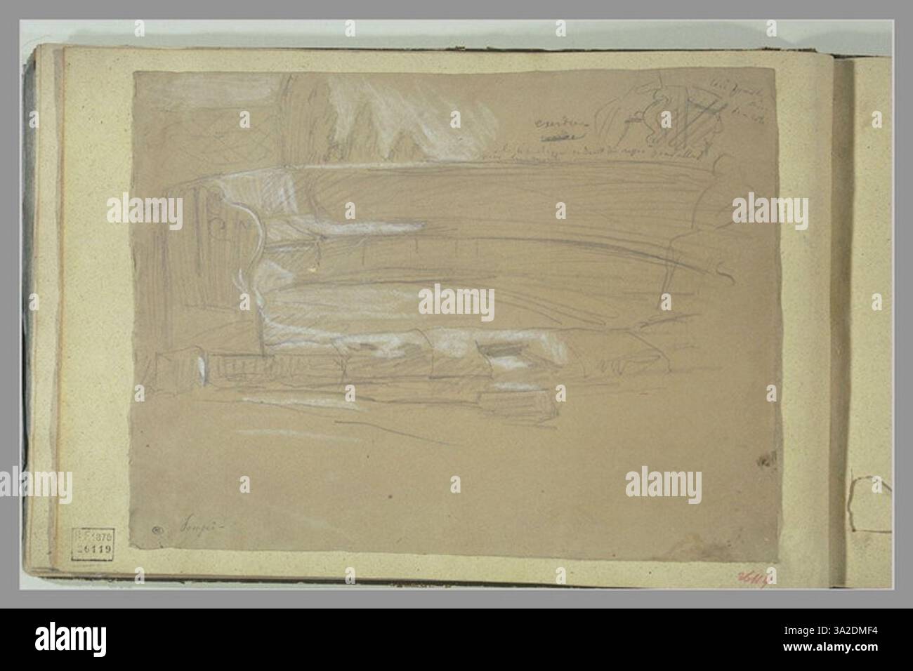 This artwork depicts a semi-circular bench from the ruins of Pompeii ...