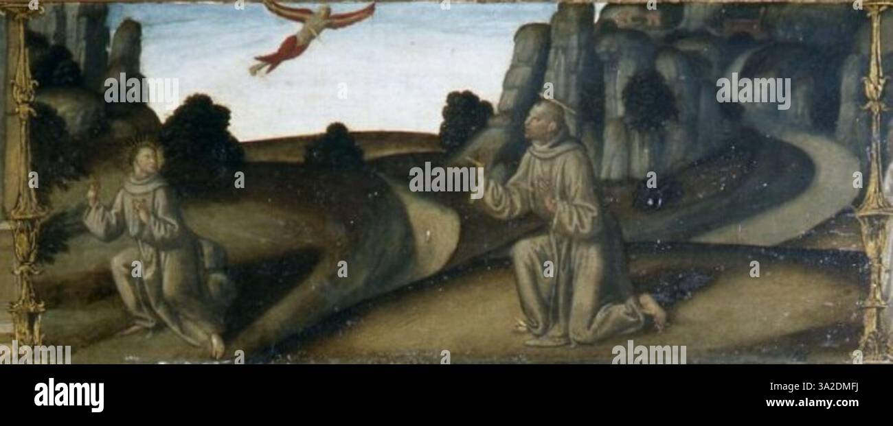 A cropped depiction of Rosselli’s 'Saint Francis receiving the stigmata', highlighting the saint ...