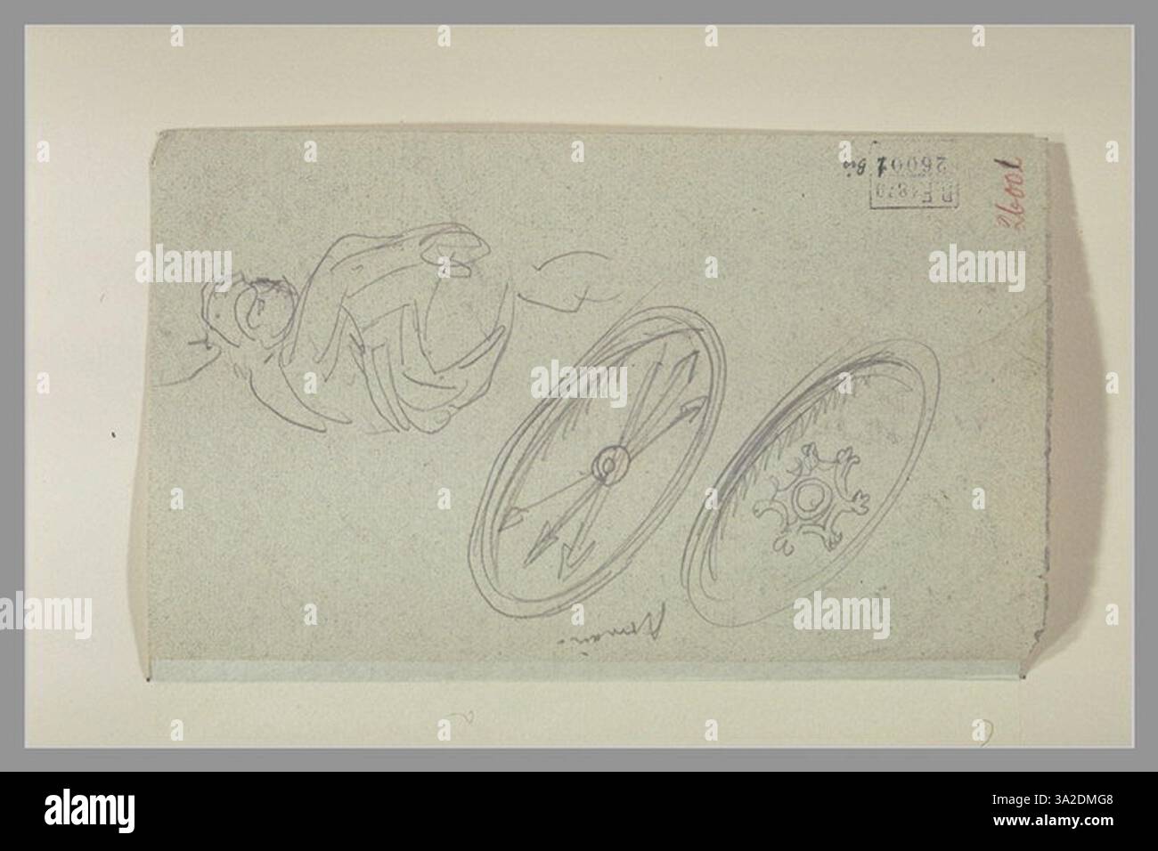 This verso drawing depicts two studies of a shield and a warrior curled ...