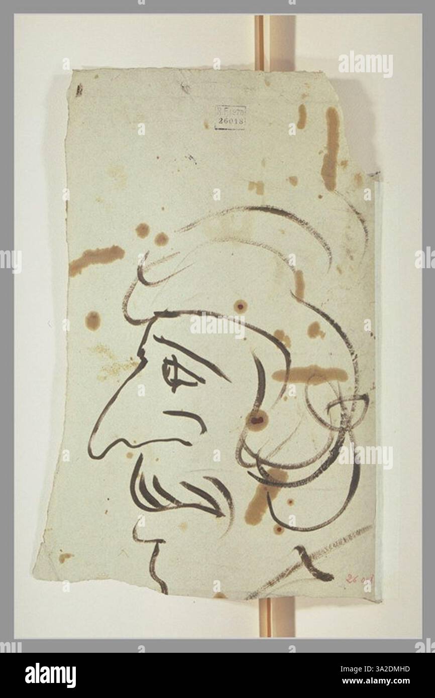 This drawing presents a caricatured head of a man, with exaggerated ...