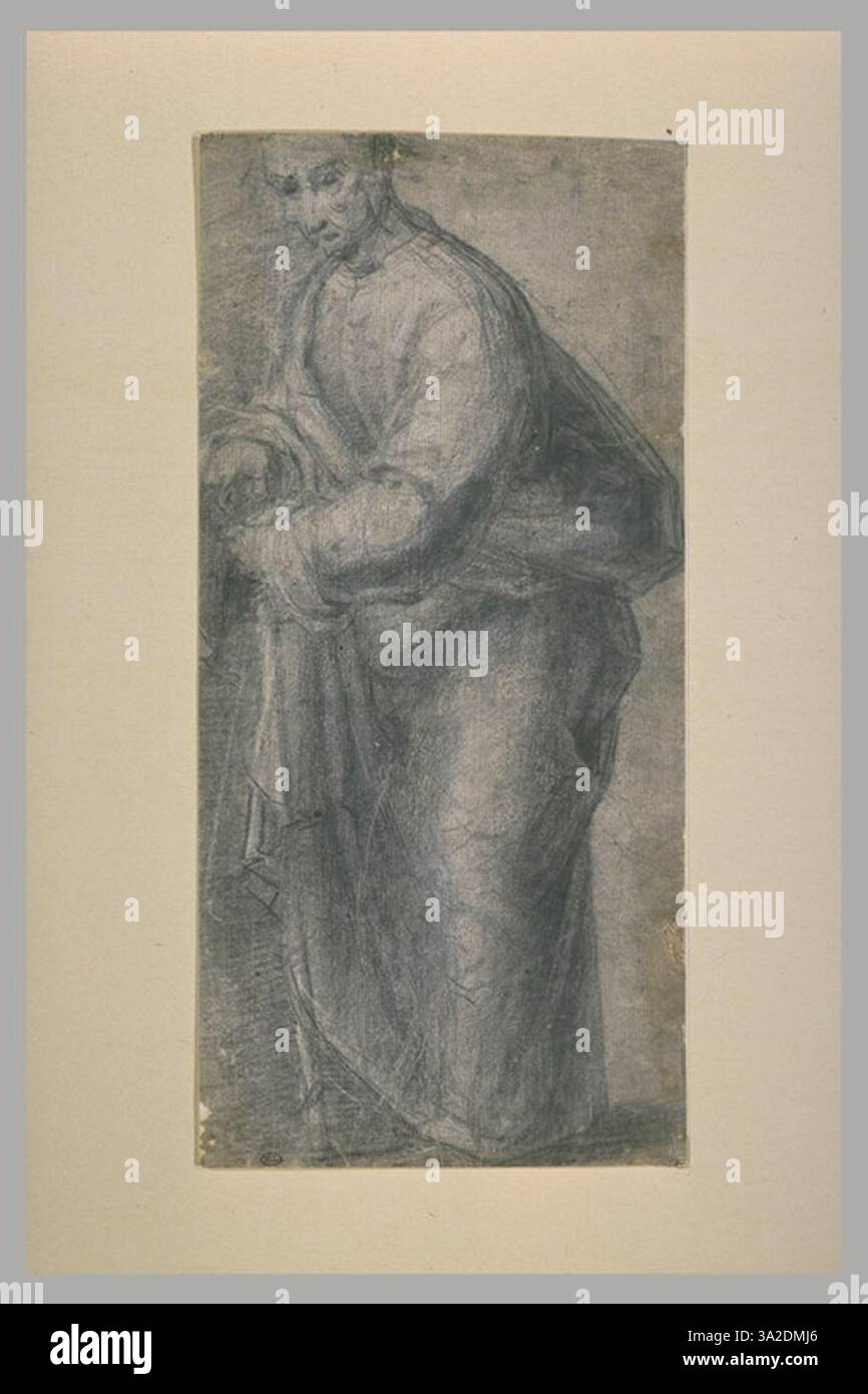 This drawing shows a standing figure draped in cloth, leaning on a ...