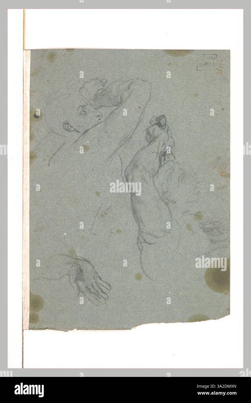 This verso drawing shows two studies of a man raising a sword with his ...