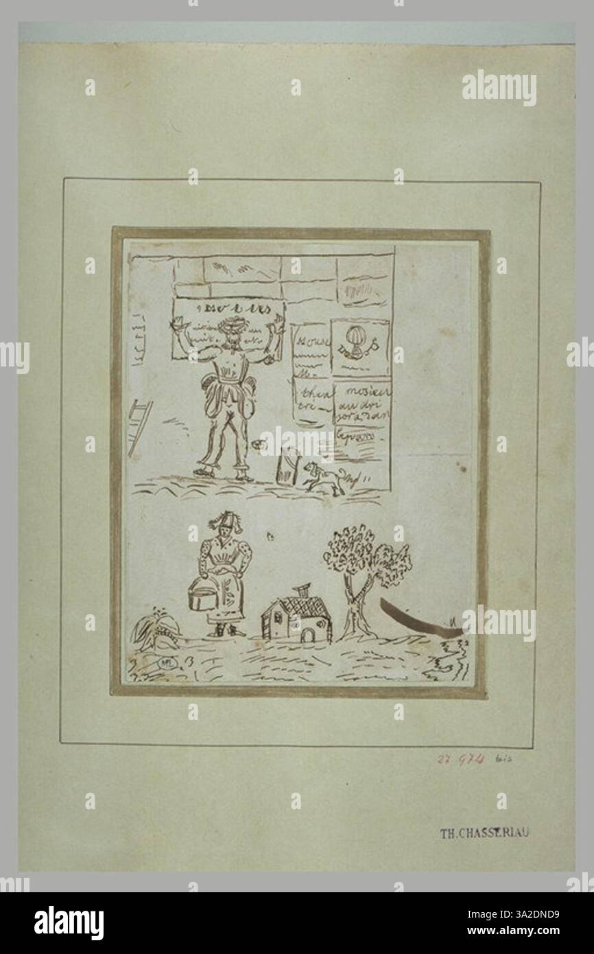 This sketch shows a poster pasting scene, with a figure working on a ...