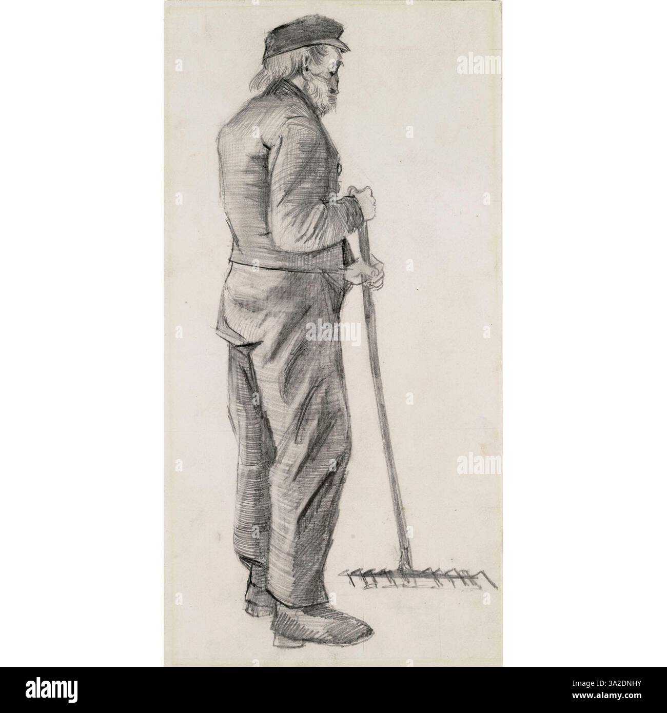 This drawing features a man raking at an almshouse, capturing a rural ...