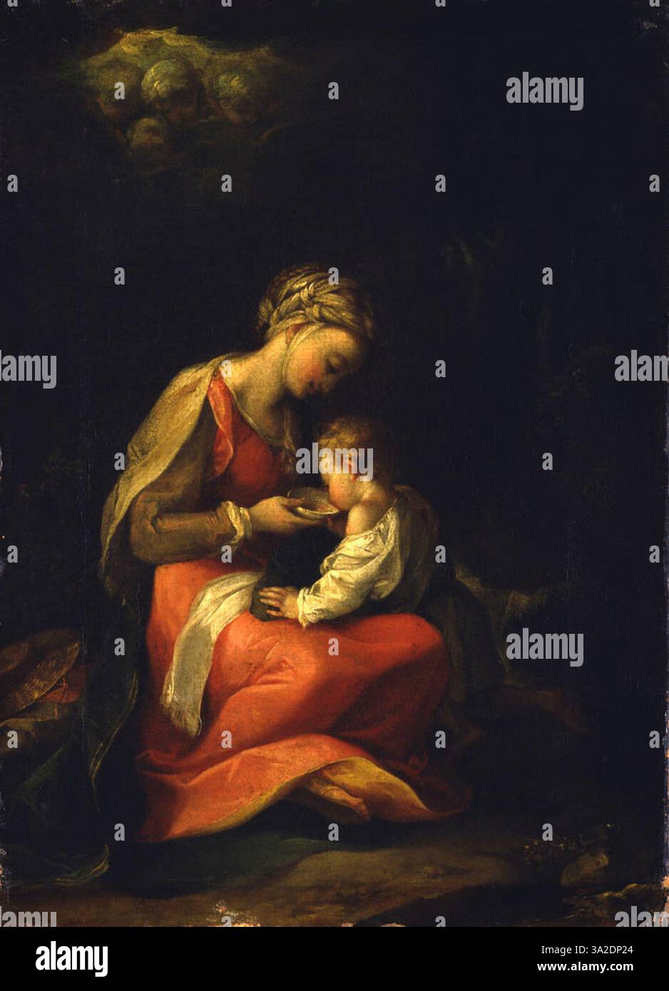 Barocci’s painting depicts the Virgin Mary holding the Christ Child, portrayed with serene ...