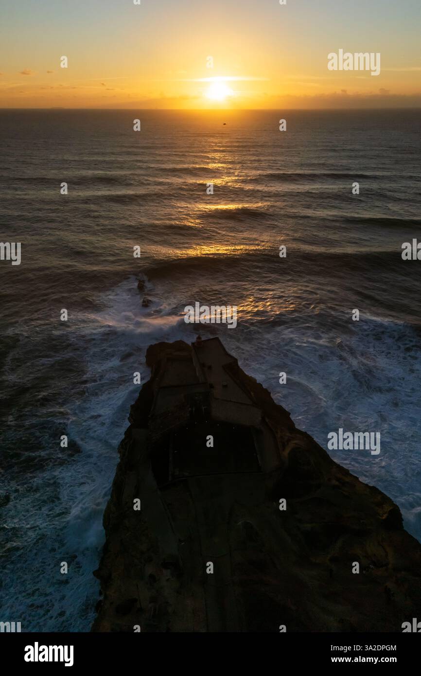 Aerial view of sunset landscape in Praia do Norte (North Beach), listed ...