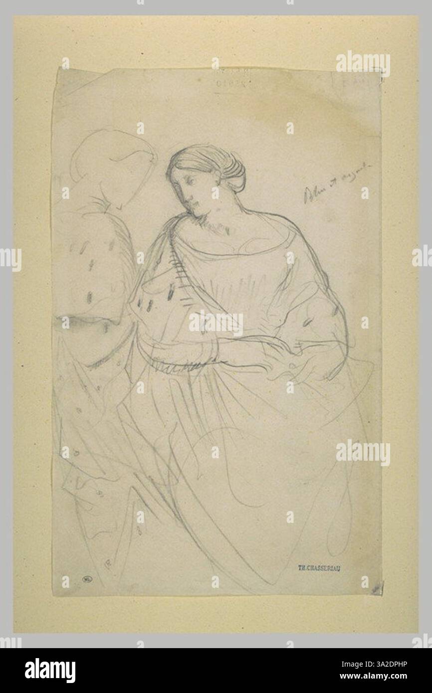 This drawing shows two women leaning toward each other. The focus is on ...