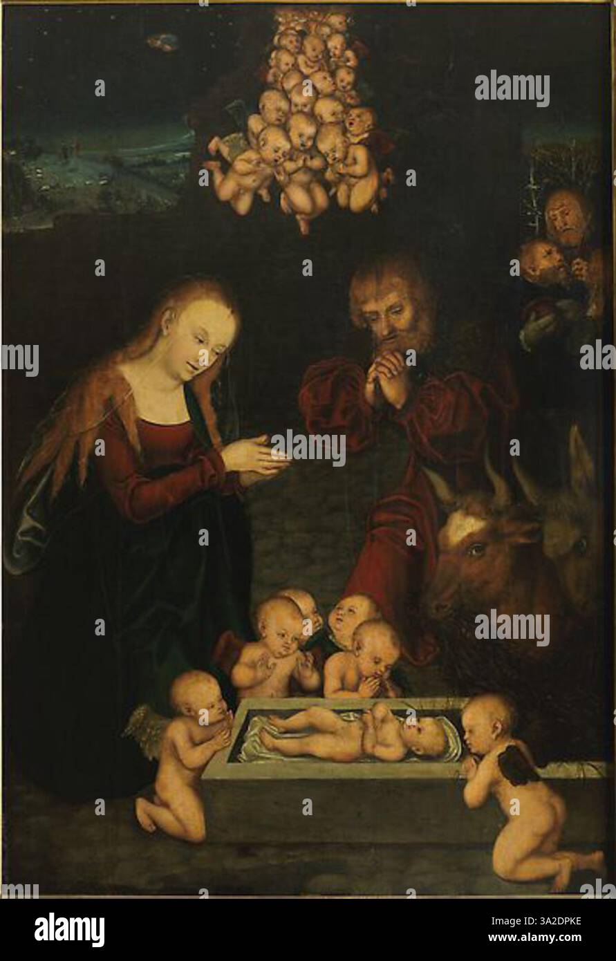 In 'The Holy Night', Lucas Cranach the Elder depicts the Nativity scene, emphasizing the serene ...