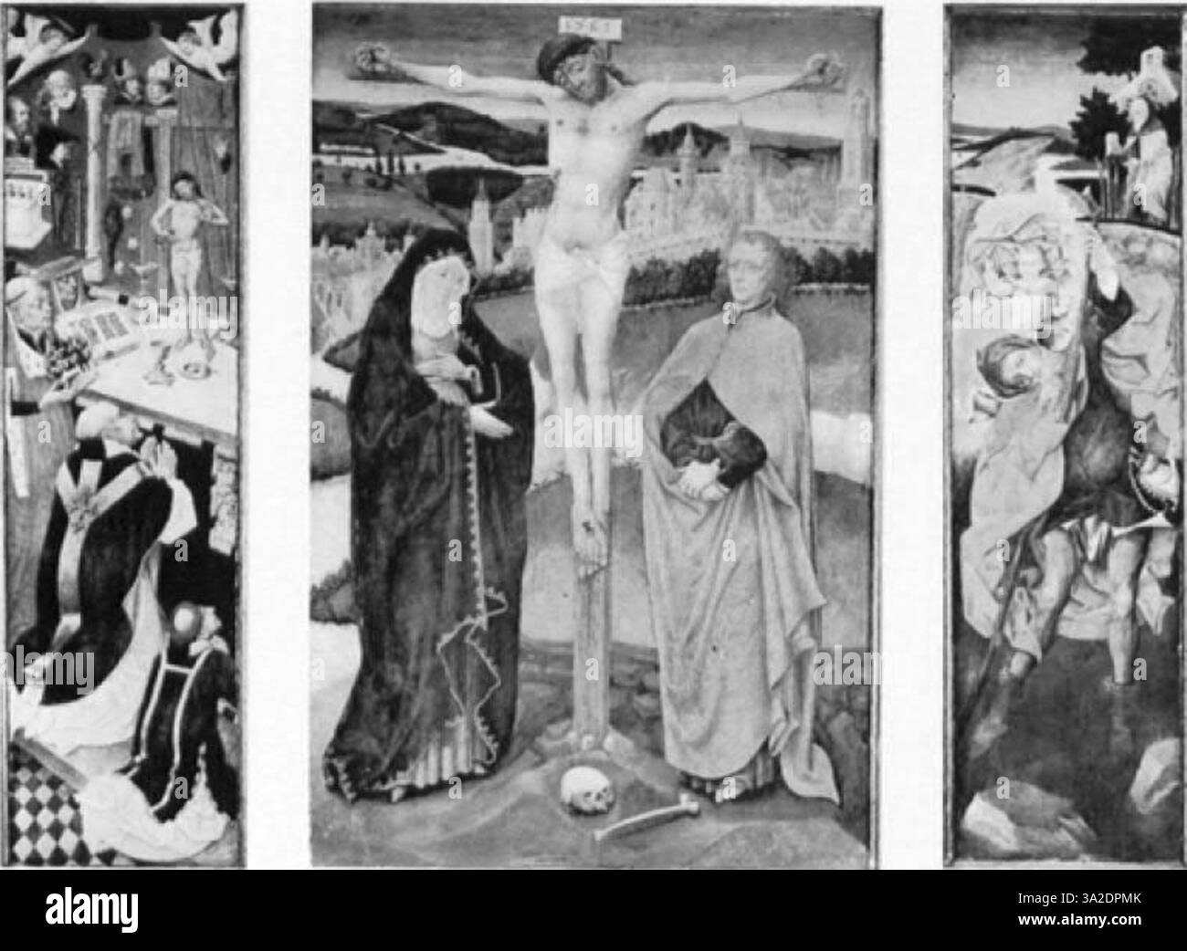 This painting shows figures in a devotional setting, their expressions ...