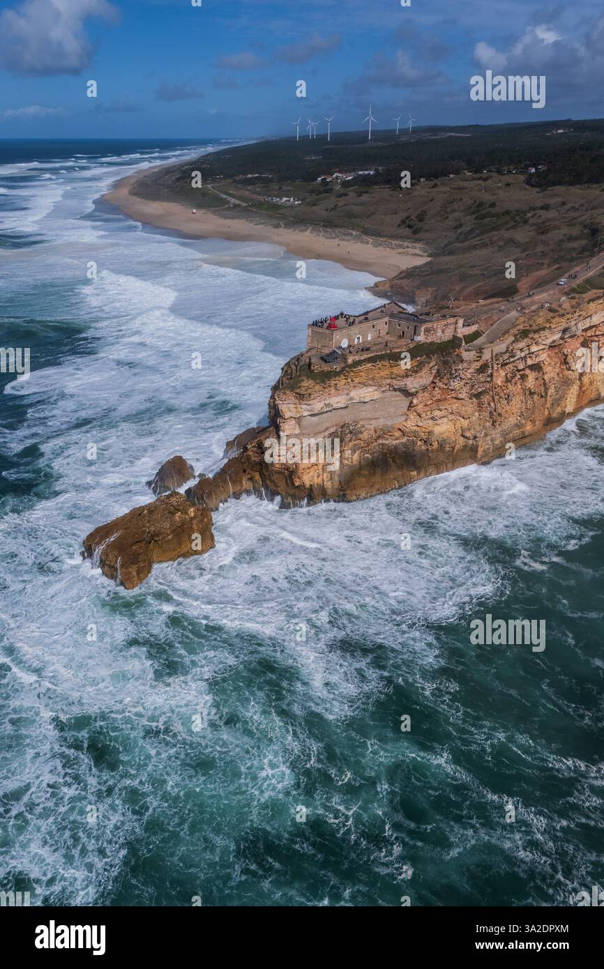 Aerial view of the The Nazare Lighthouse - Farol de Nazare -, where ...