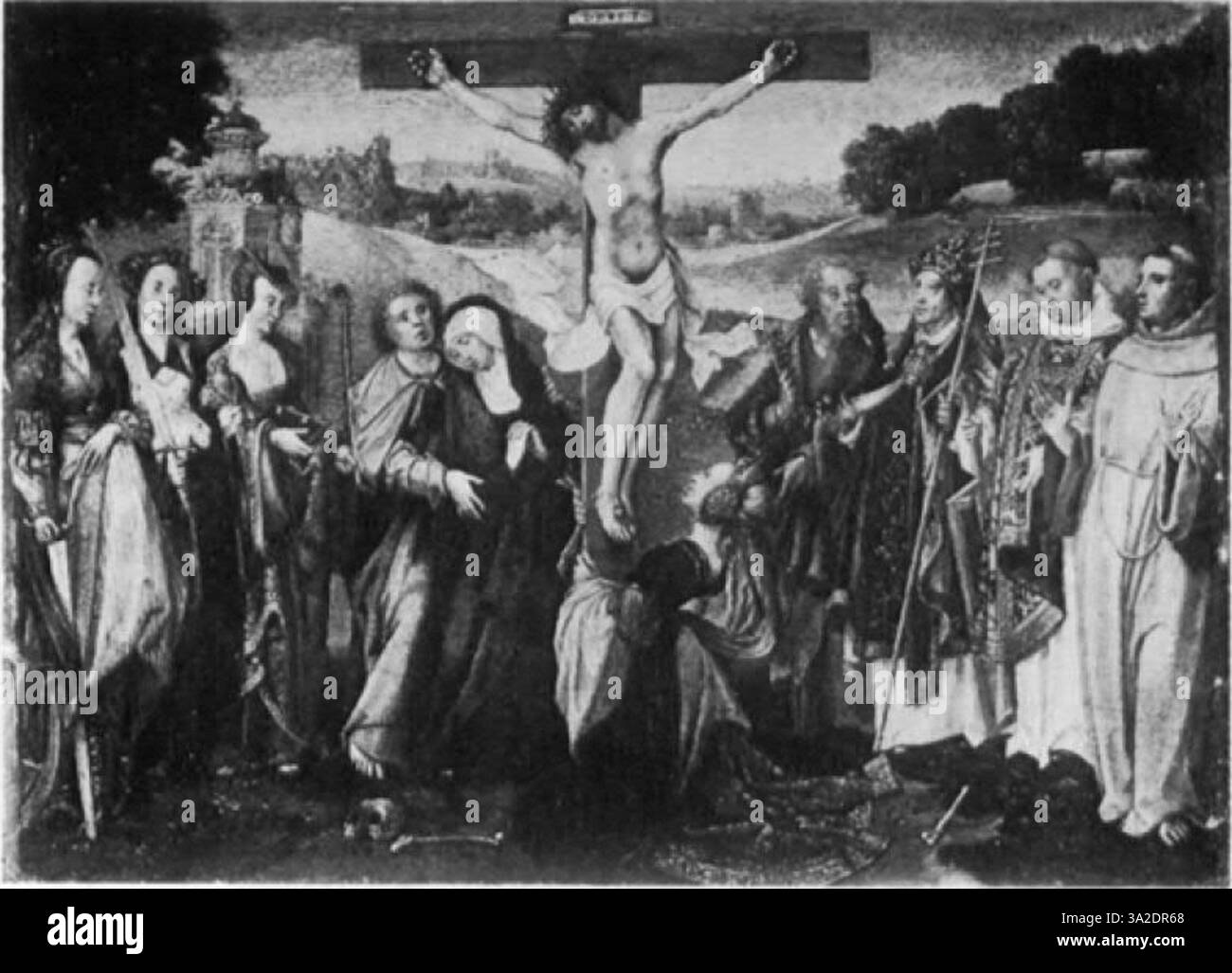 This artwork features realistic religious figures set within a symbolic ...