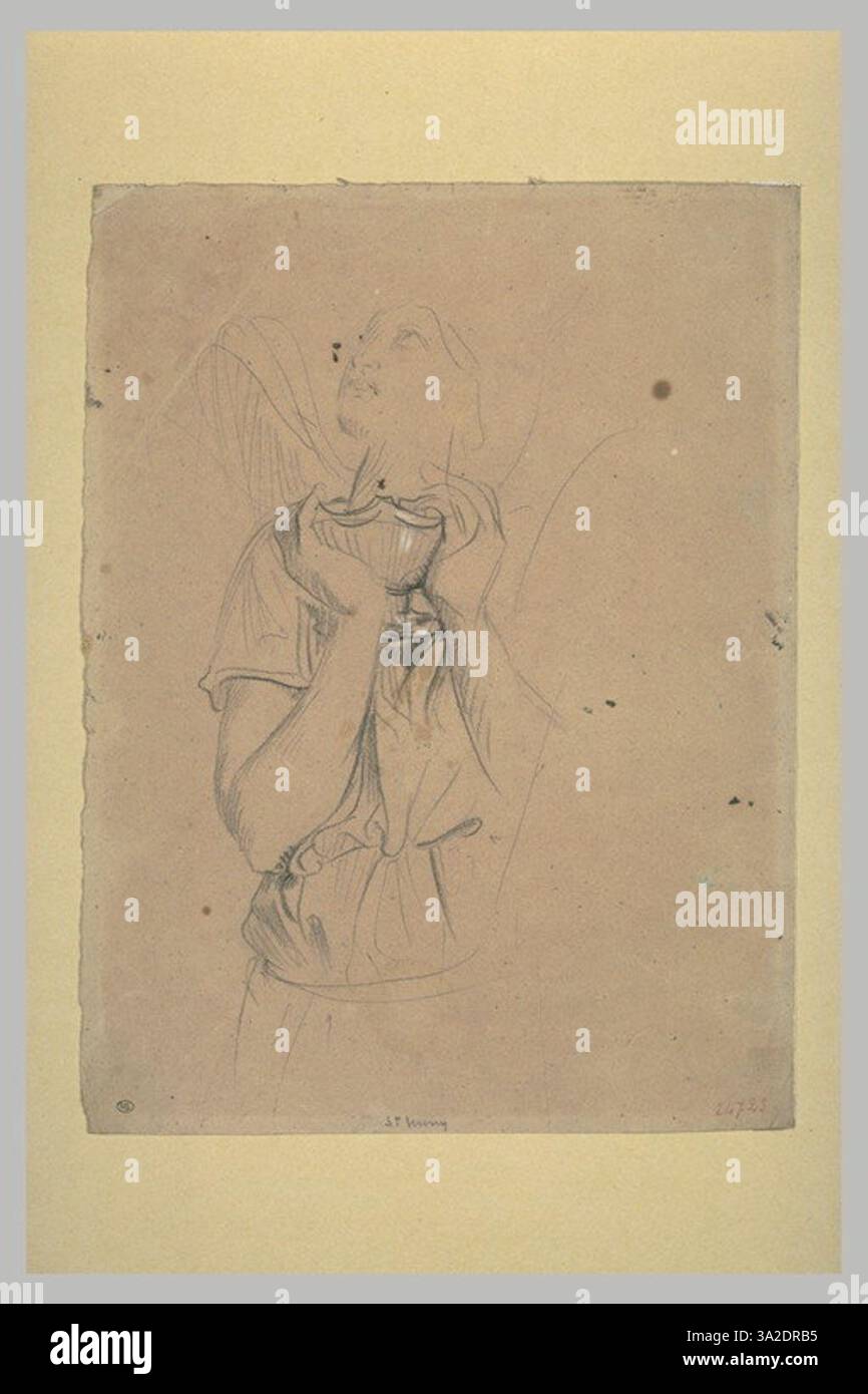 This drawing depicts an angel with head lifted, facing forward, holding ...