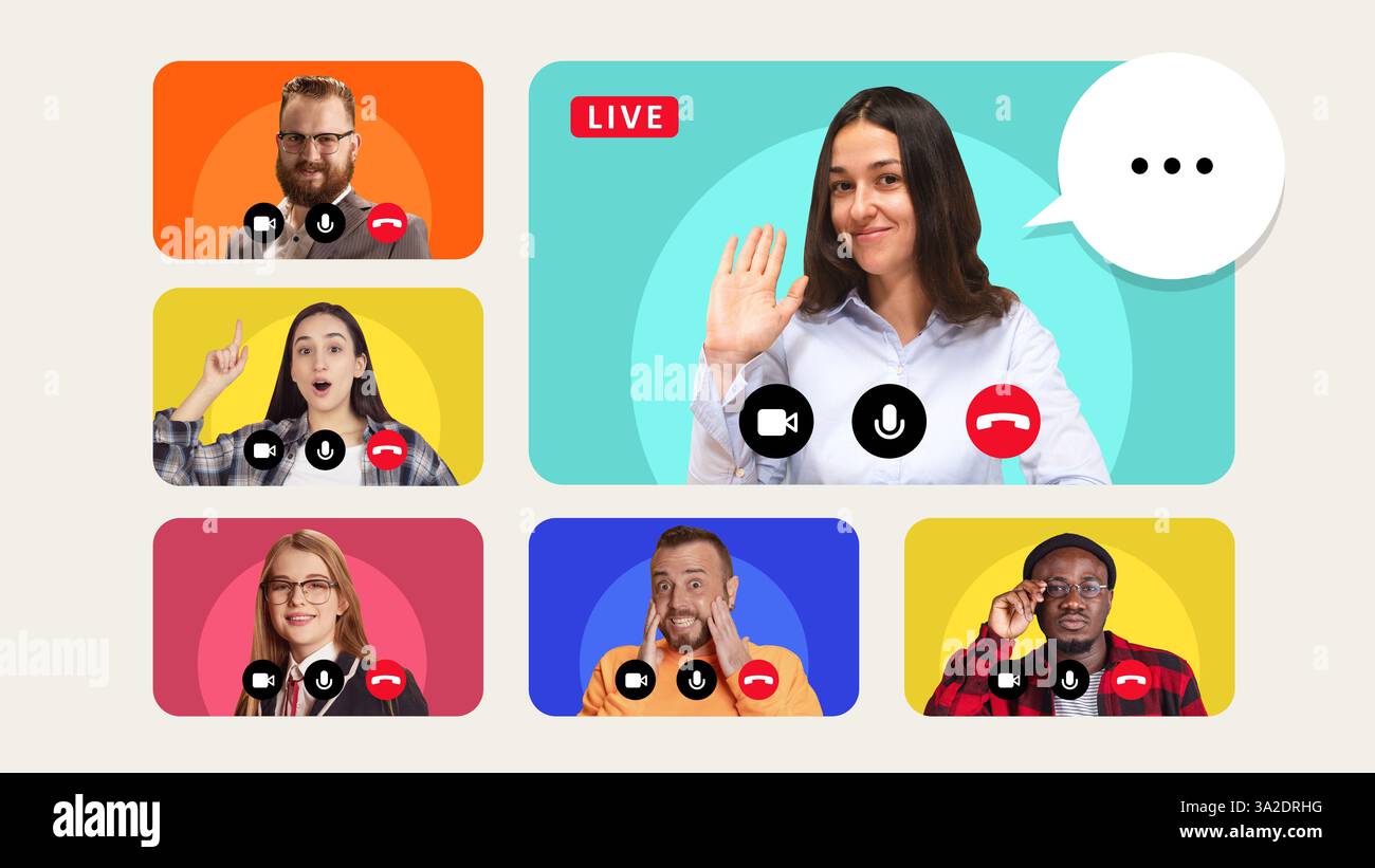 Virtual leadership communication. Woman engaging with diverse ...