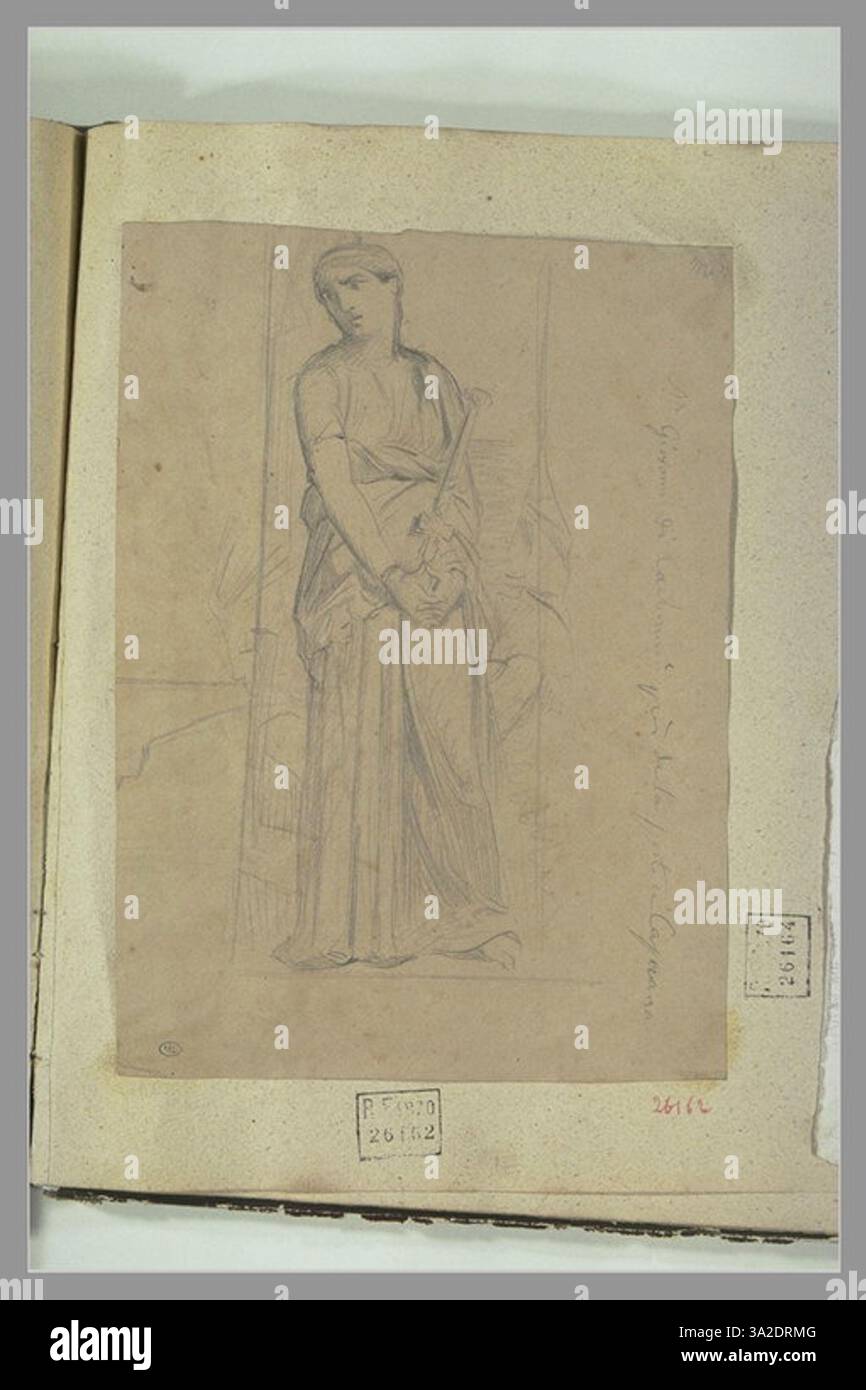 This drawing shows a woman standing in a frontal position, holding a ...