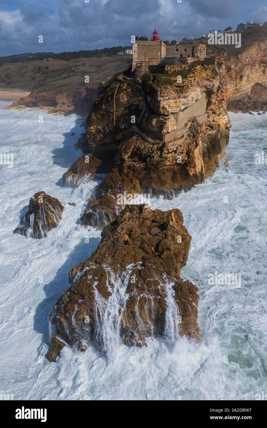 Aerial view of the The Nazare Lighthouse - Farol de Nazare -, where ...