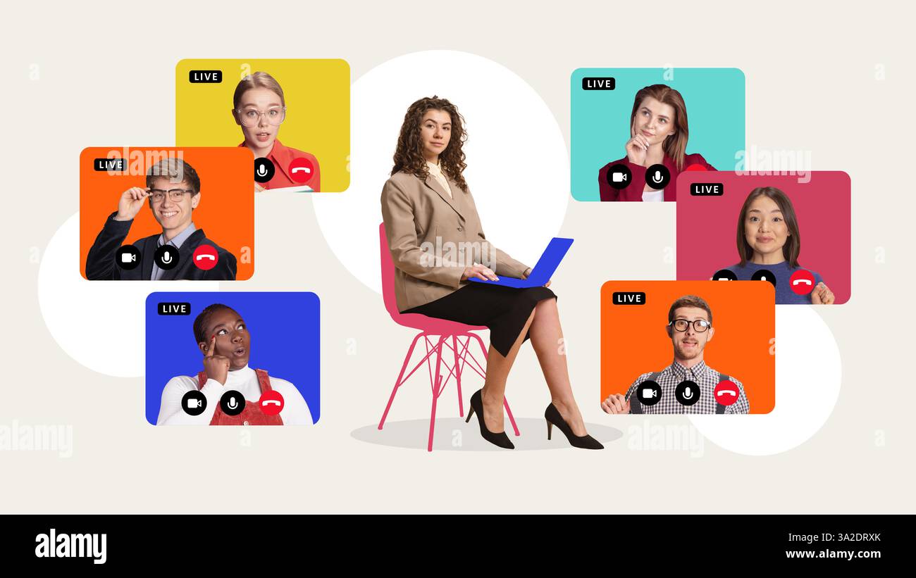 Efficient team management. Confident businesswoman leading remote team ...