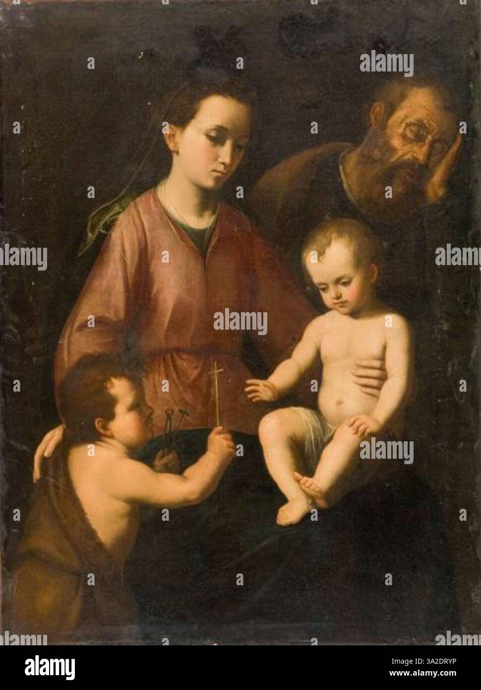 This anonymous artwork, inspired by Caravaggio, depicts the Holy Family ...