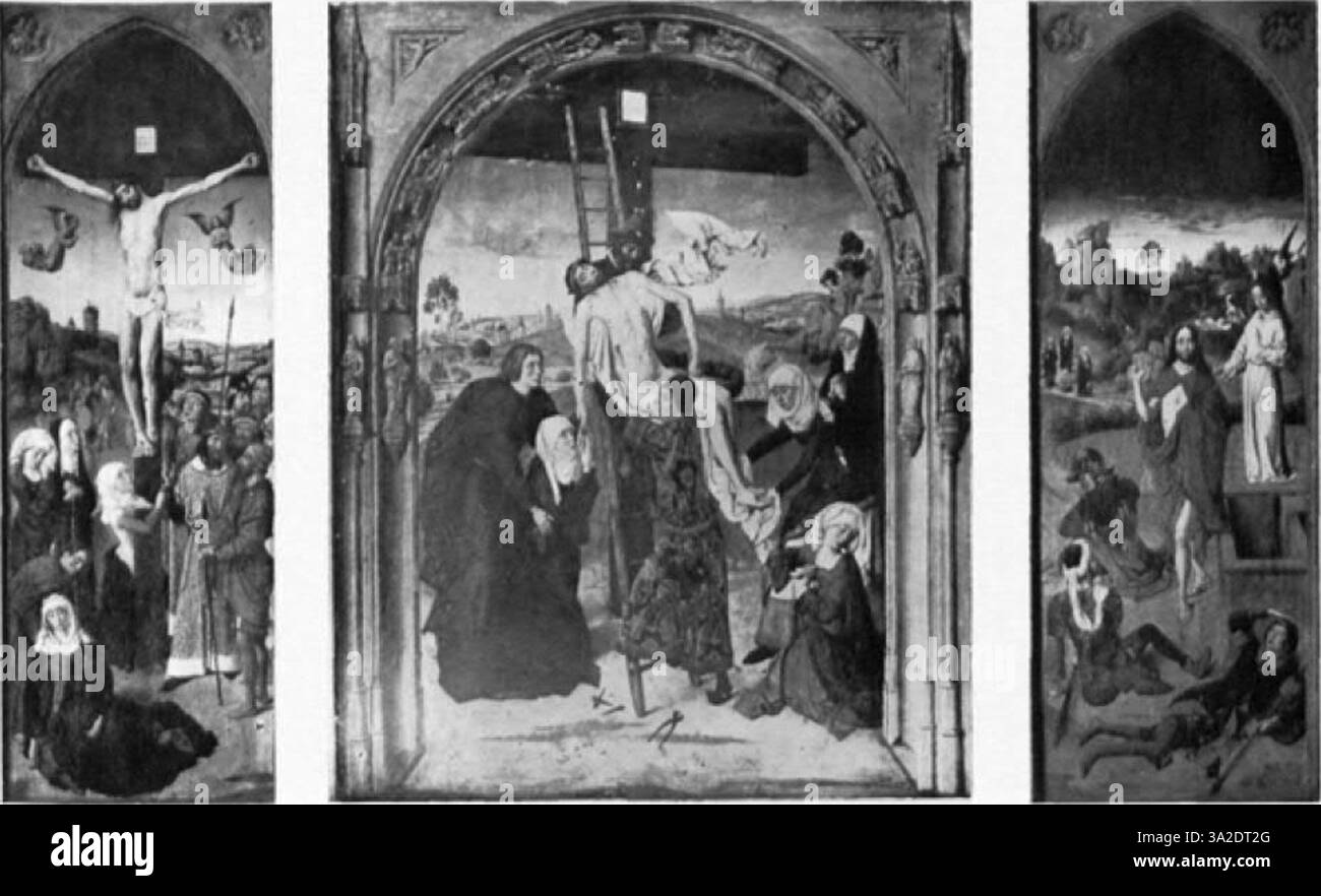 This painting presents a moment of devotion, with figures depicted with ...