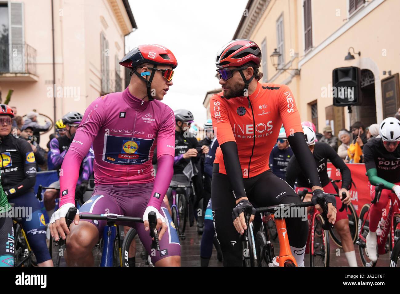 Norcia, Italia. 13th Mar, 2025. from left Milan Jonathan of Lidl-Trek ...