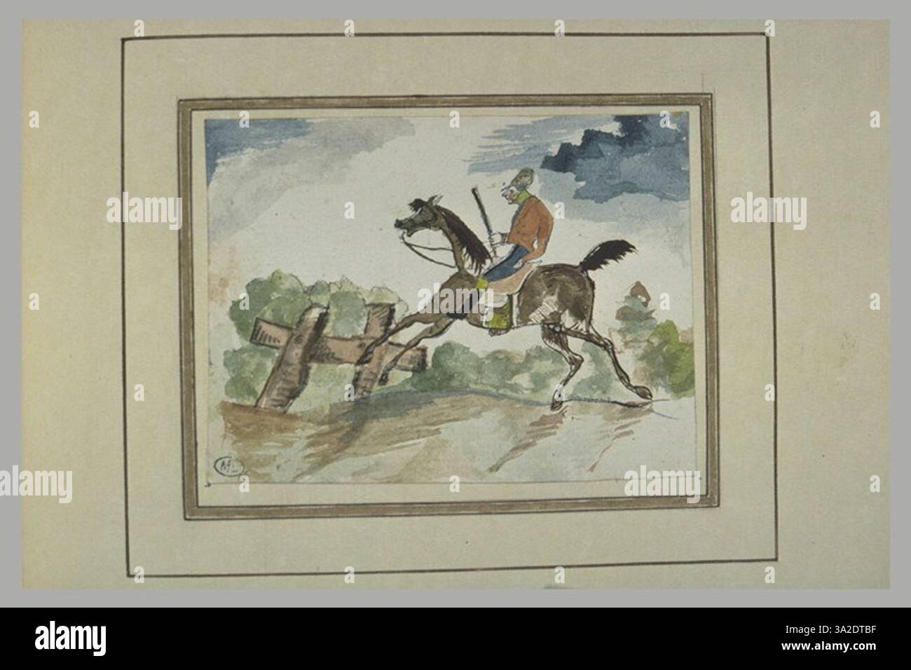 This drawing depicts a rider preparing to jump a barrier in the ...