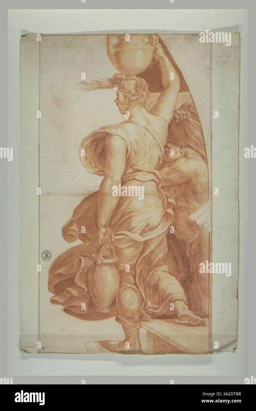 This drawing is a copy after Raphael, depicting a draped woman carrying two vases, inspired by a ...