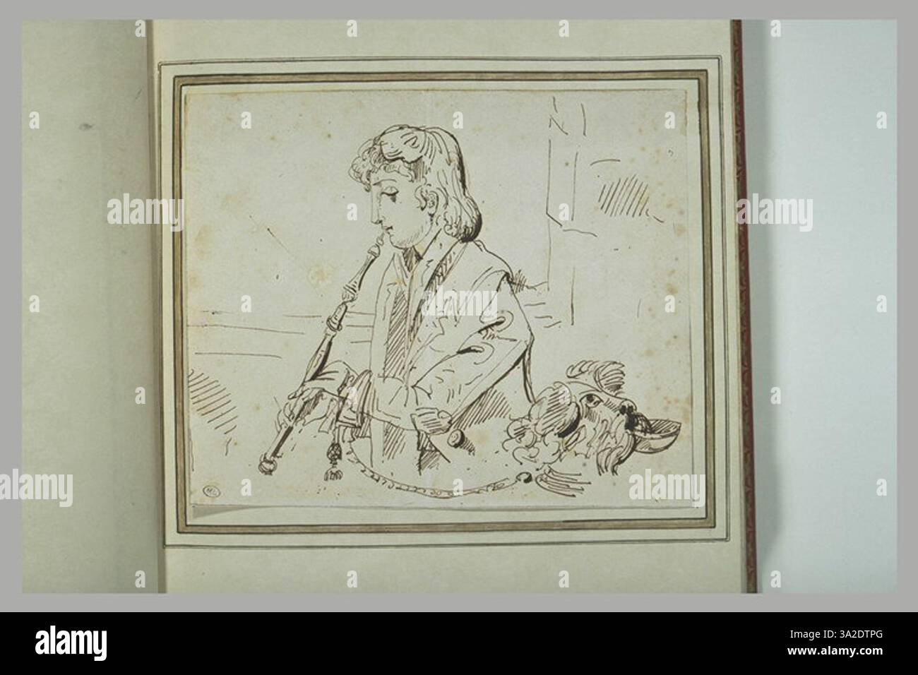 This drawing shows a young minstrel playing the flute next to a dog on ...