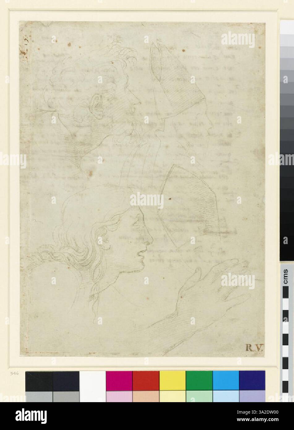 This recto sketch features studies of heads and a hand, reflecting ...