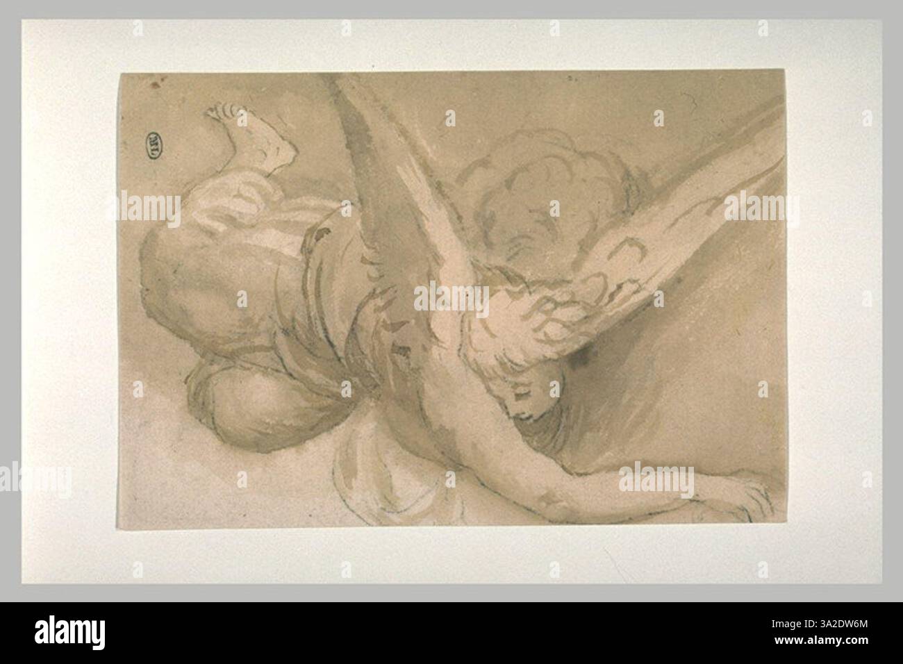 This copy after Raphael shows an angel flying in the air. The figure exhibits dynamic motion ...