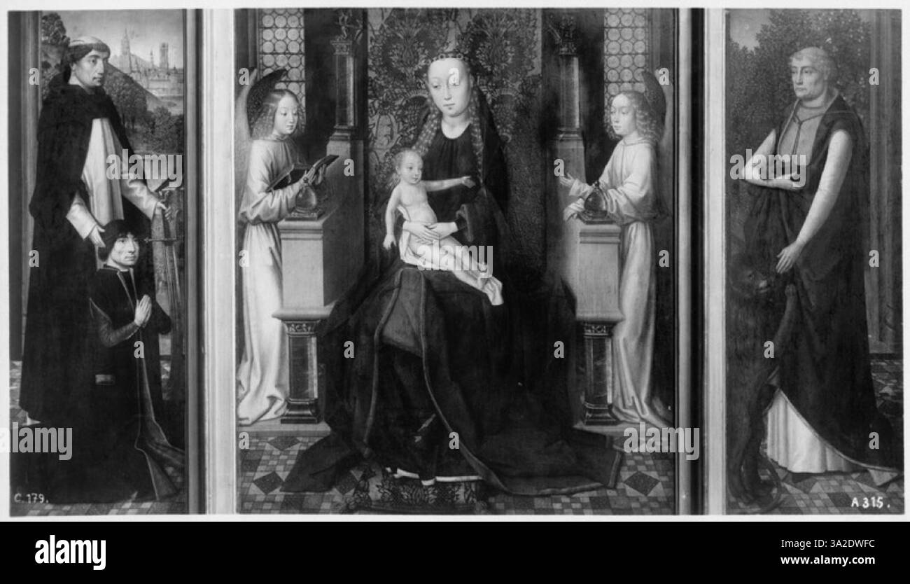 This painting by Dirk Bouts depicts the Virgin Mary seated in a chamber ...