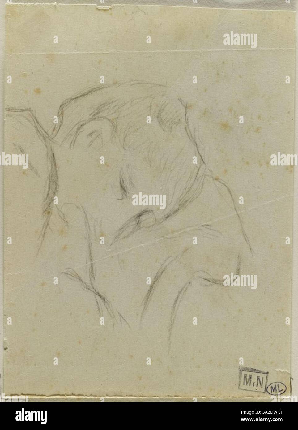 This sketch depicts a sleeping woman in a chair, shown in a bust view ...