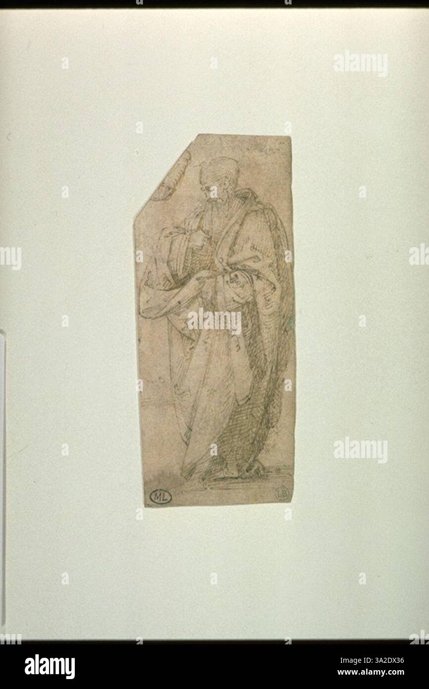 This recto drawing shows a bearded man in drapery standing in profile ...