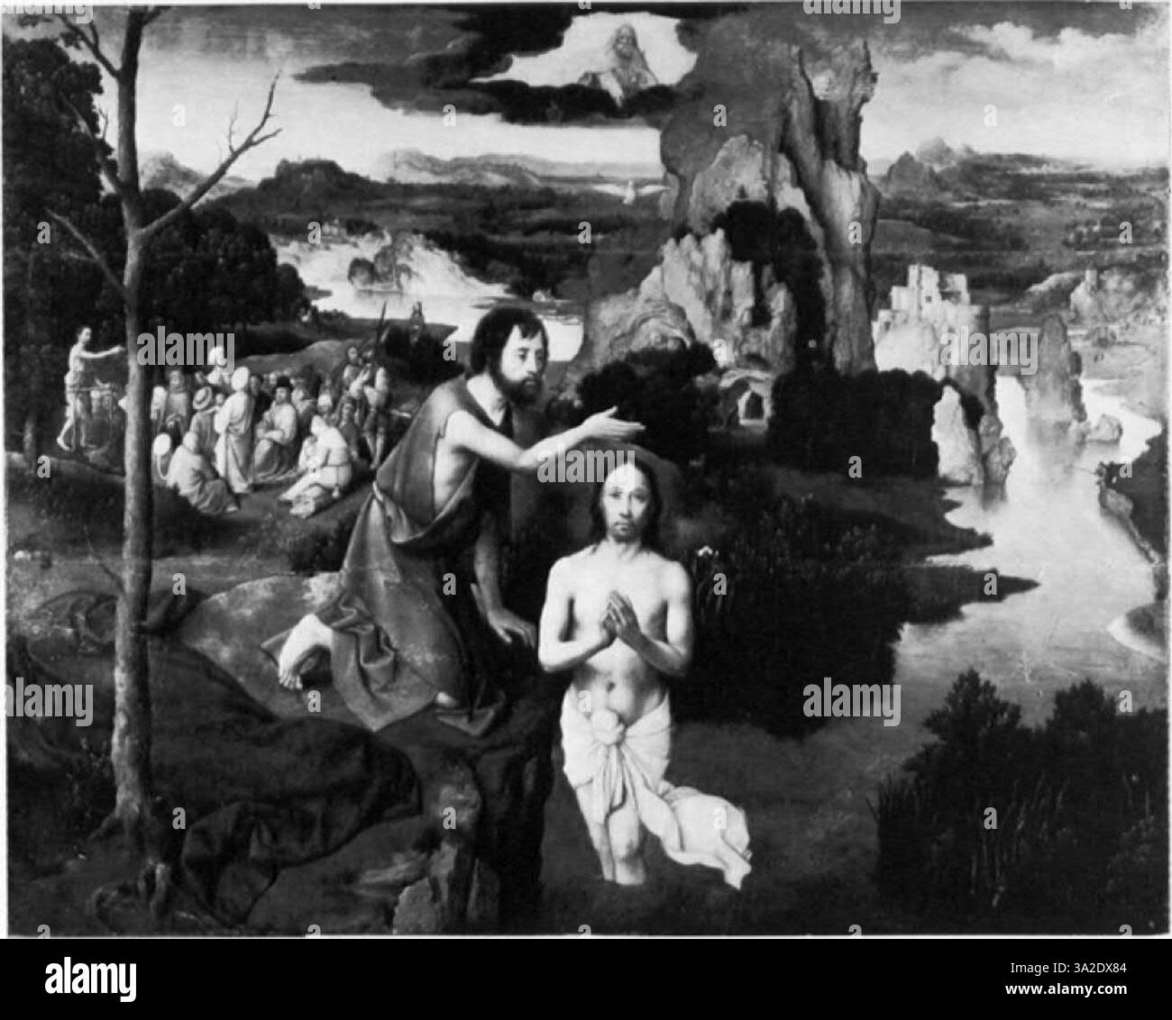 This work by Joos van Cleve, Jan Provost, and Joachim Patenier presents a religious figure ...