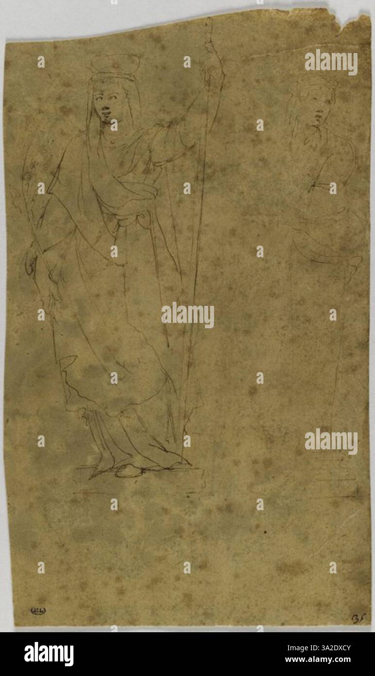 This copy after Raphael shows a caryatid holding a staff and olive ...