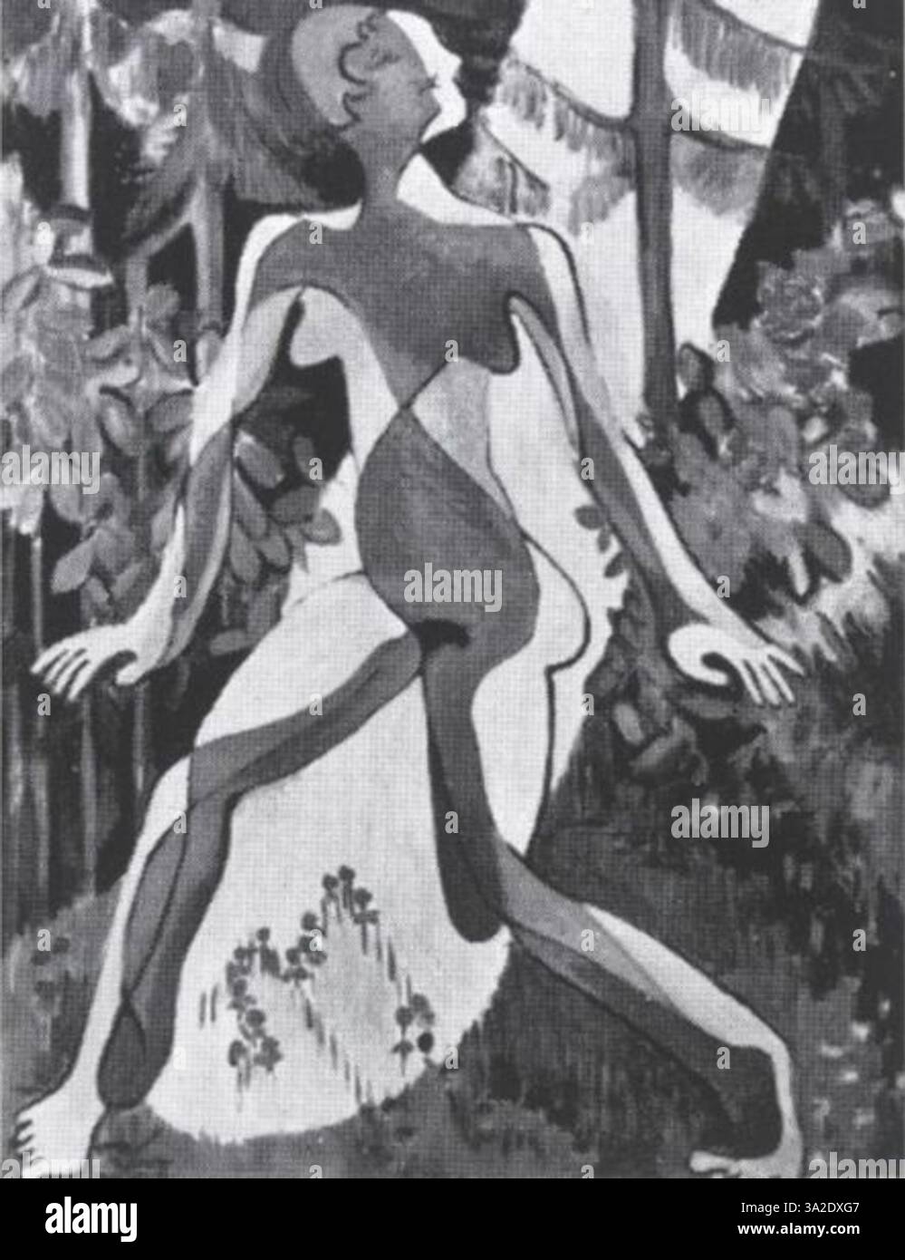 This work showcases distorted human figures and intense color contrasts ...