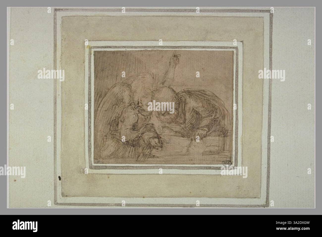 This artwork, from Elsheimer’s school, depicts Saint Matthew writing ...