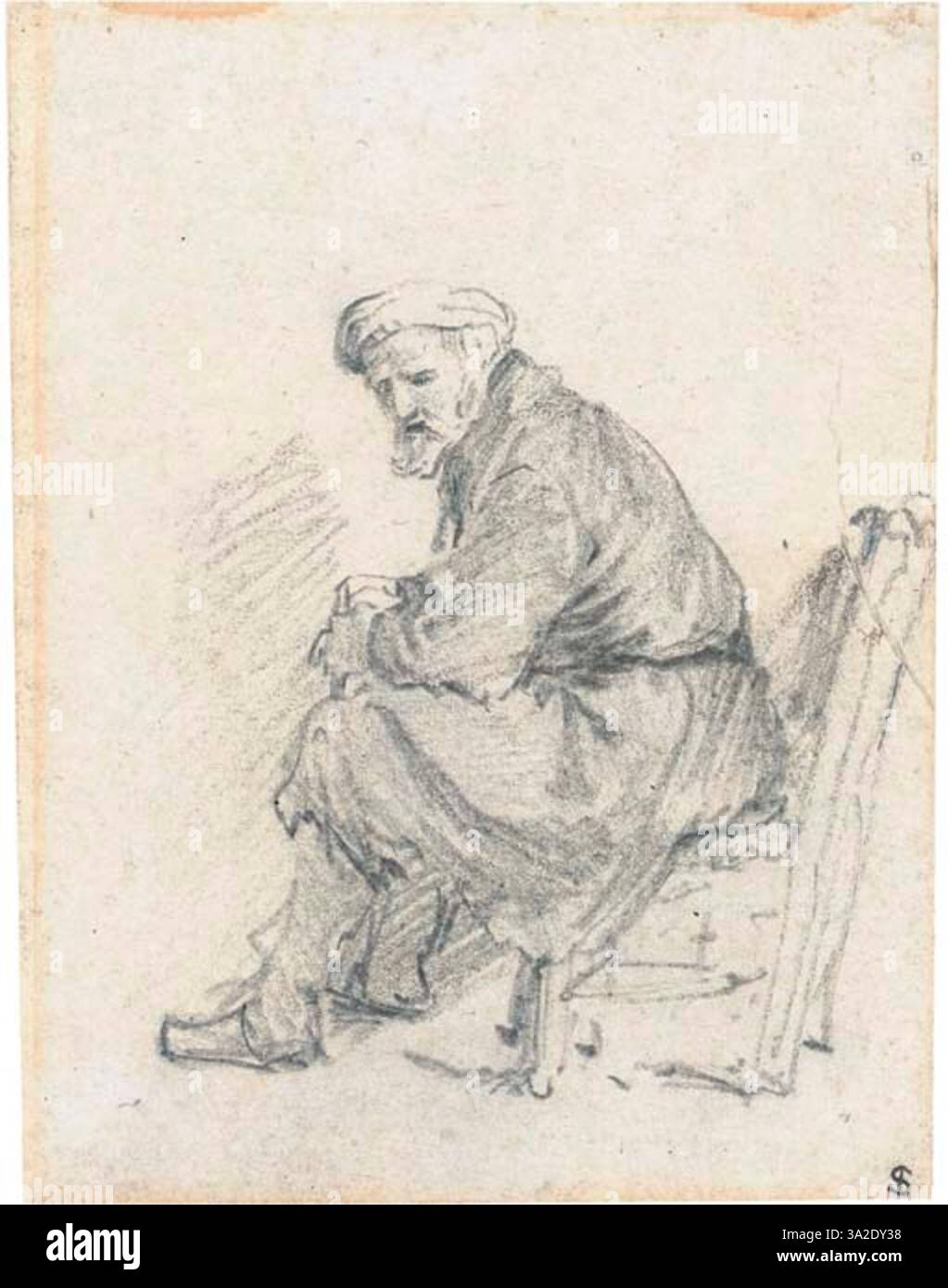 This portrait presents an old man seated in profile, wearing a turban ...