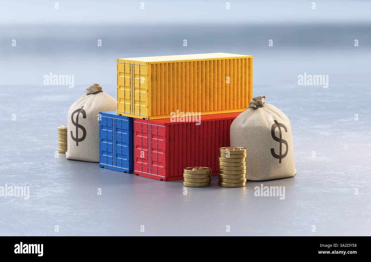 USA trade war and international tariffs. Concept featuring stacked ...