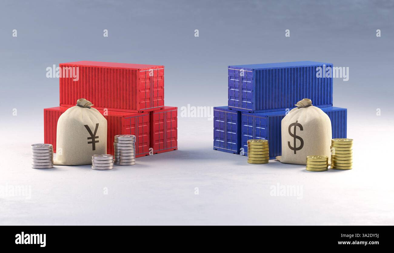 USA trade war against China and international tariffs. Stacked shipping ...