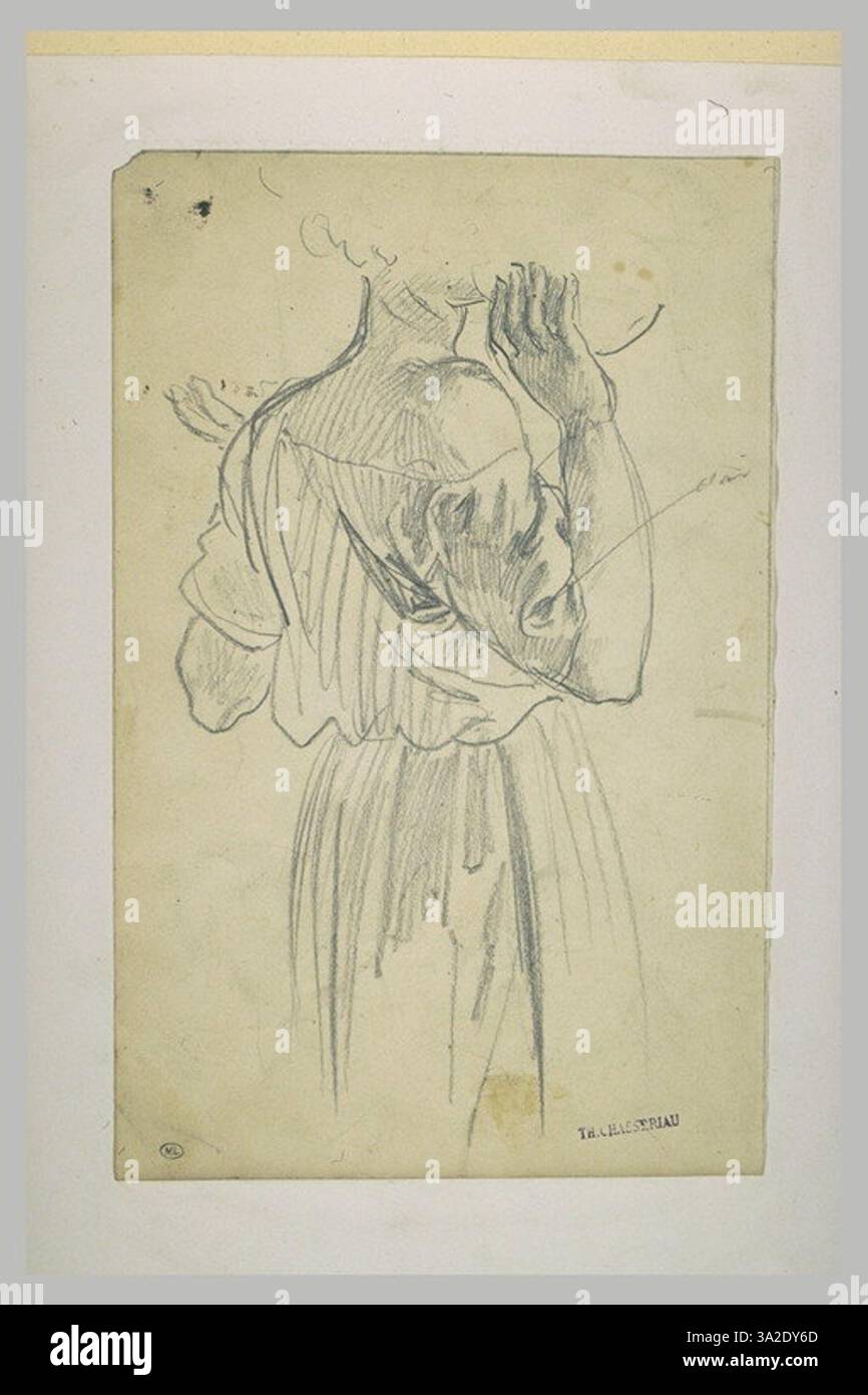 A woman shown from the back and three-quarters, with her arms raised in ...