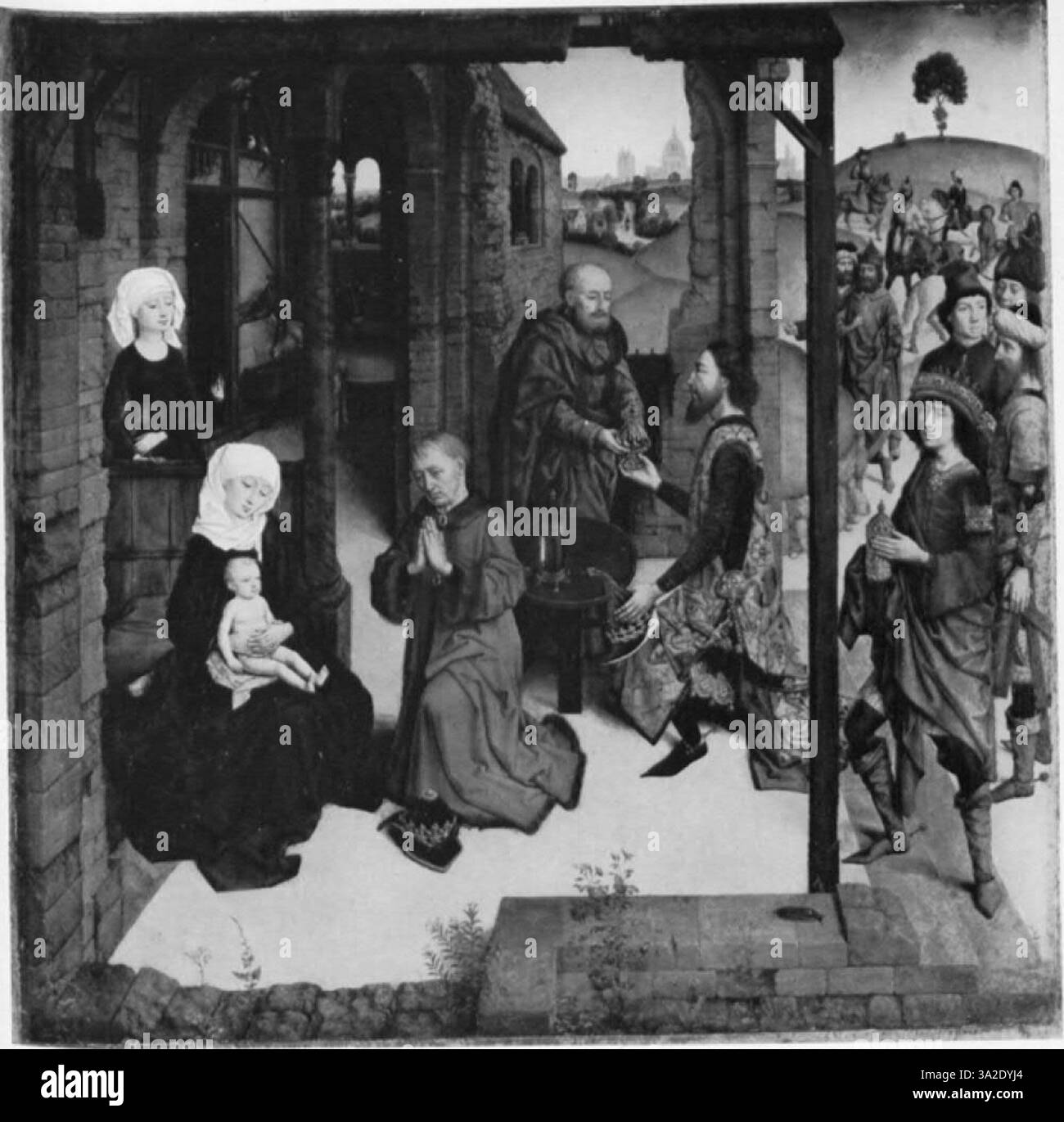 This painting depicts figures in a religious setting, focusing on their ...